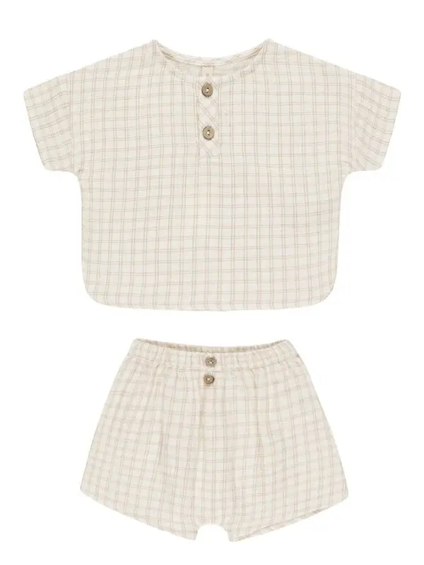 QUINCY MAE Grid Print Organic Cotton Henley T-shirt And Shorts Set - Oat