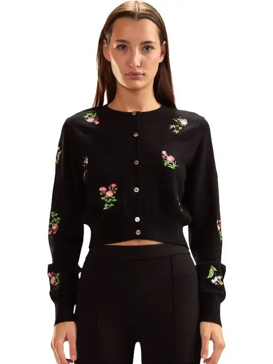Cynthia Rowley Floral Embroidered Cardigan - Black Multi