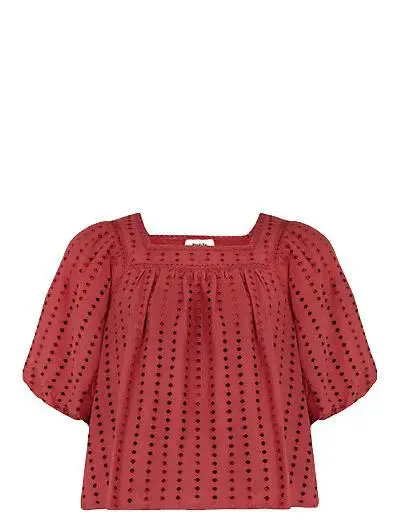 RO&ZO Square-neck Broderie Cotton Top - Red