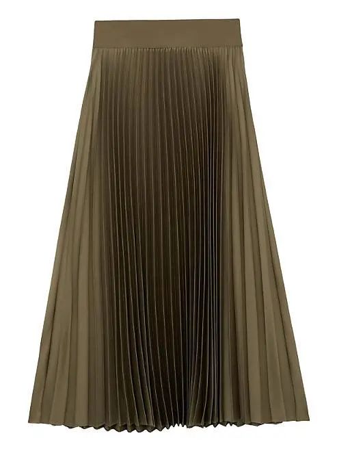 REISS Seren Pleated Woven Midi Skirt - Khaki Green