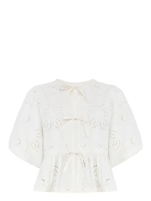 RO&ZO Tie-front Broderie Blouse - Ivory