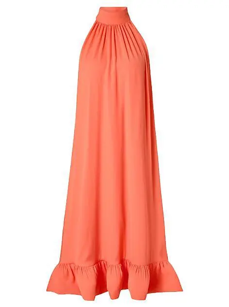 MALINA Halterneck Ruffled-hem Woven Midi Dress - Papaya