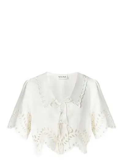 MALINA Estela Broderie-anglaise Linen-blend Blouse - White