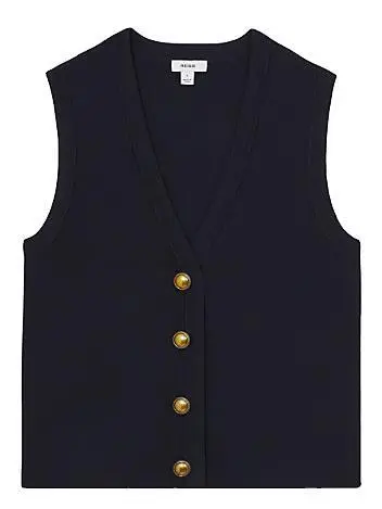 REISS Gaia Button-embellished Stretch-knit Vest - Navy