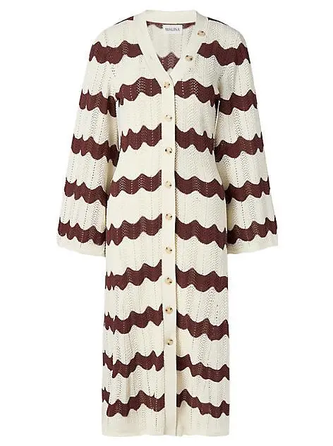 MALINA Isobel V-neck Striped Knitted Midi Dress - Brown Stripe