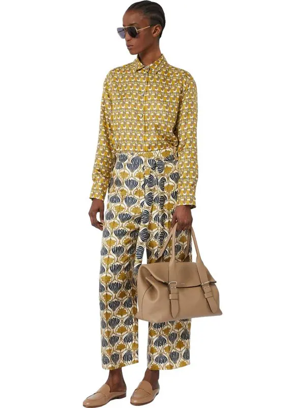 Max Mara Printed Silk Twill Trousers - Mustard