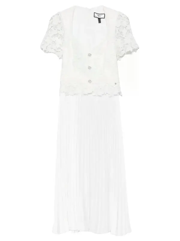 NISSA Pleated Lace Midi Dress - White