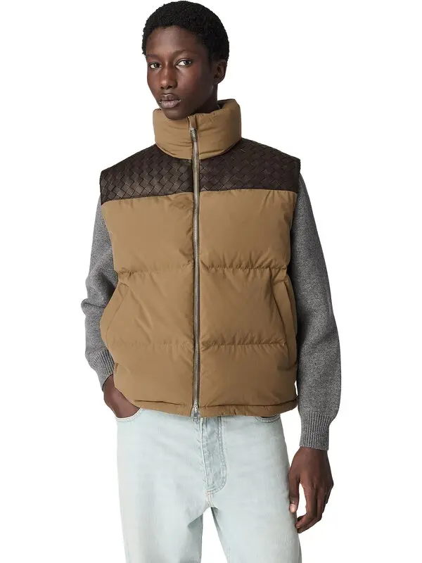 Bottega Veneta Frosted Poplin Puffer Gilet With Leather Detail - Liana
