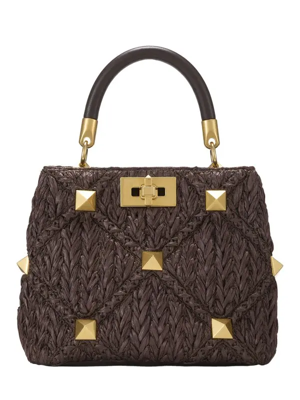 Valentino Garavani Raffia Roman Stud Top Handle Bag - Brown