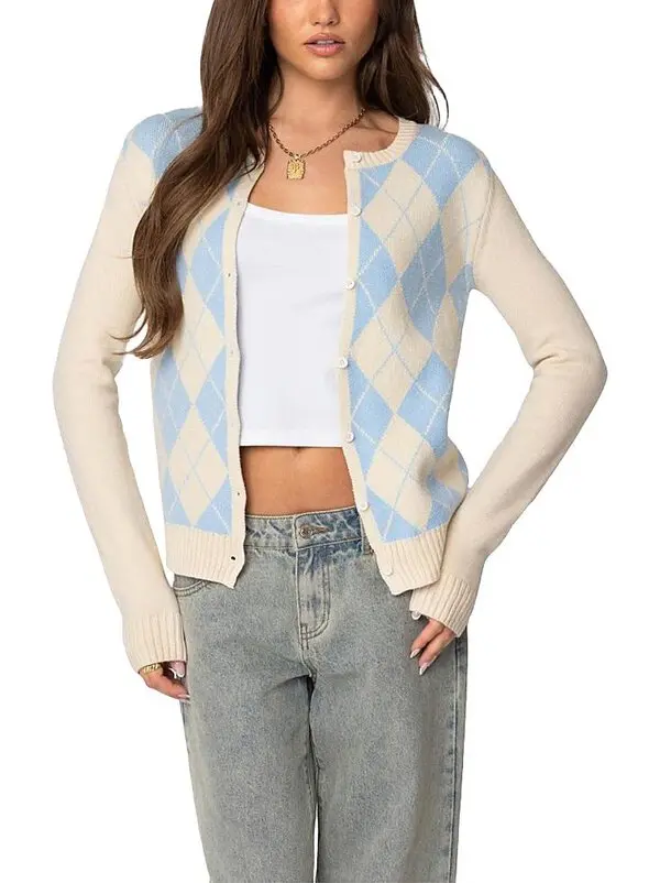 EDIKTED Maybelle Argyle Cardigan - Cream And Blue