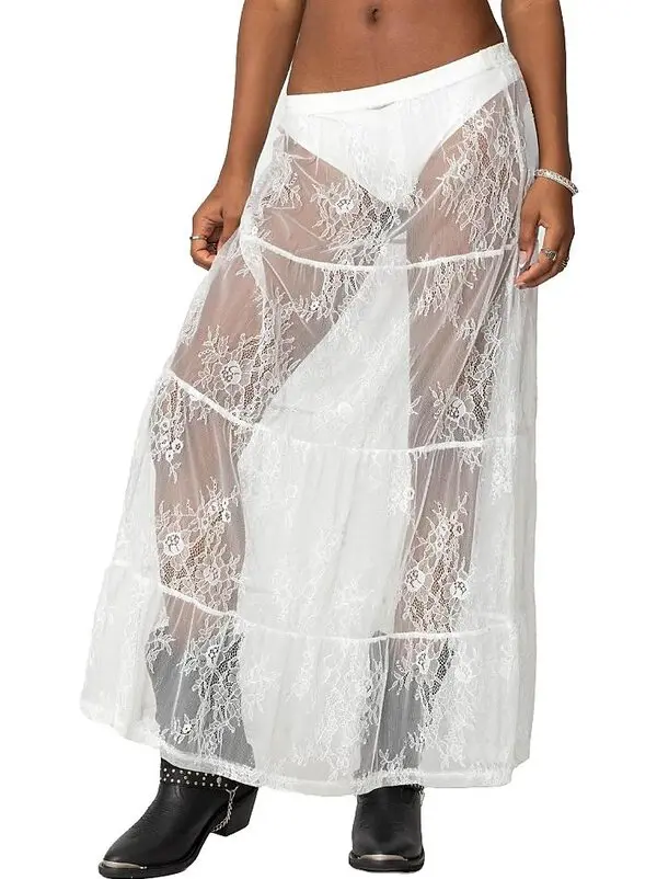 EDIKTED Tiered Lace Maxi Skirt - White