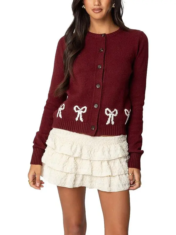 EDIKTED Rona Bow Knit Cardigan - Burgundy