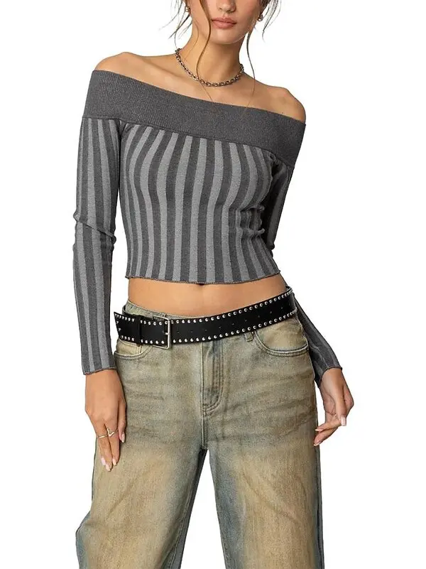 EDIKTED Off-the-shoulder Knit Top - Dark-gray
