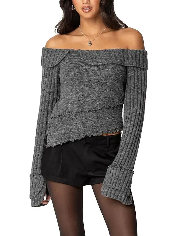 EDIKTED Mikkie Asymmetric Fold Over Knit Top - Dark-gray