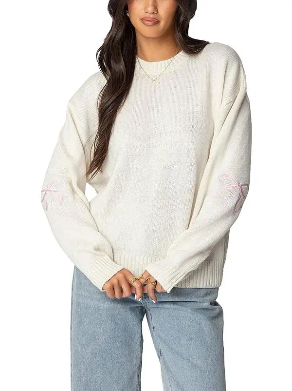 EDIKTED Rutie Bow Patch Sweater - White