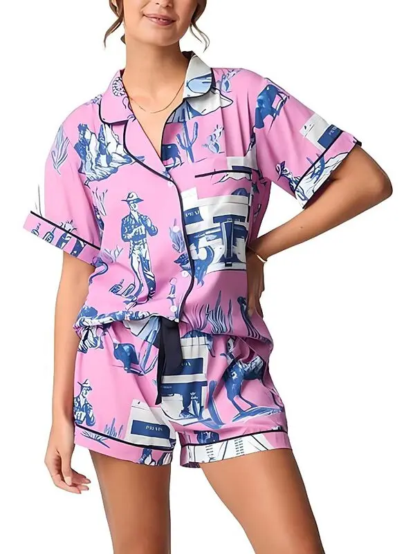KATIE KIME Marfa Toile Pajama Shorts Set - Pink Navy