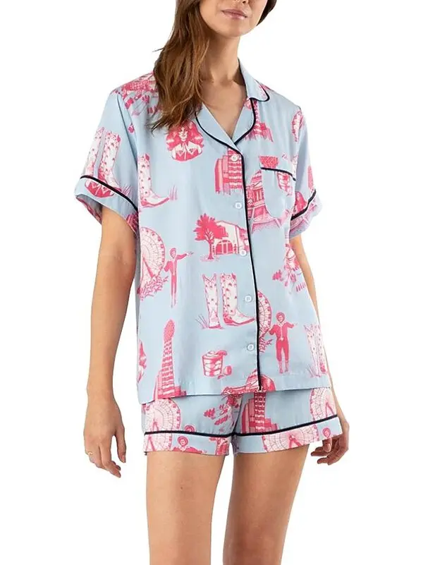 KATIE KIME Dallas Toile Pajama Shorts Set - Blue Pink