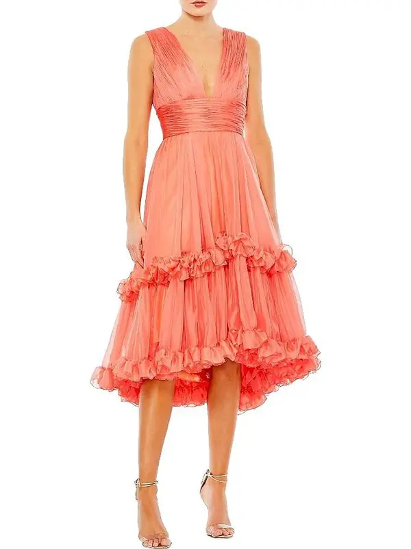 Mac Duggal Sleeveless Deep V-neck Ruffle Tiered Chiffon Dress - Coral