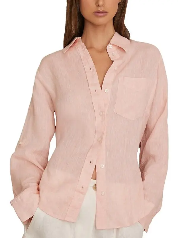 REISS Leora Fitted Linen Shirt - Pale Pink