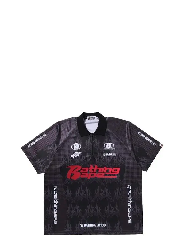 BAPE Flame Pattern Half Zip Polo Shirt - Black