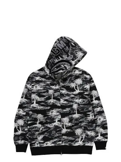 BAPE Palm Tree Camo Relaxed Fit Shark Full Zip Hoodie - Black