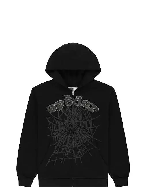 SP5DER Og Web V2 Rhinestone Zip Up - Black