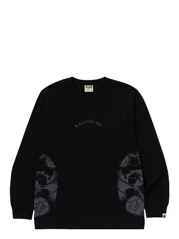 A BATHING APE Japanese Tattoo Side Big Ape Head Long Sleeve Tee Shirt - Black