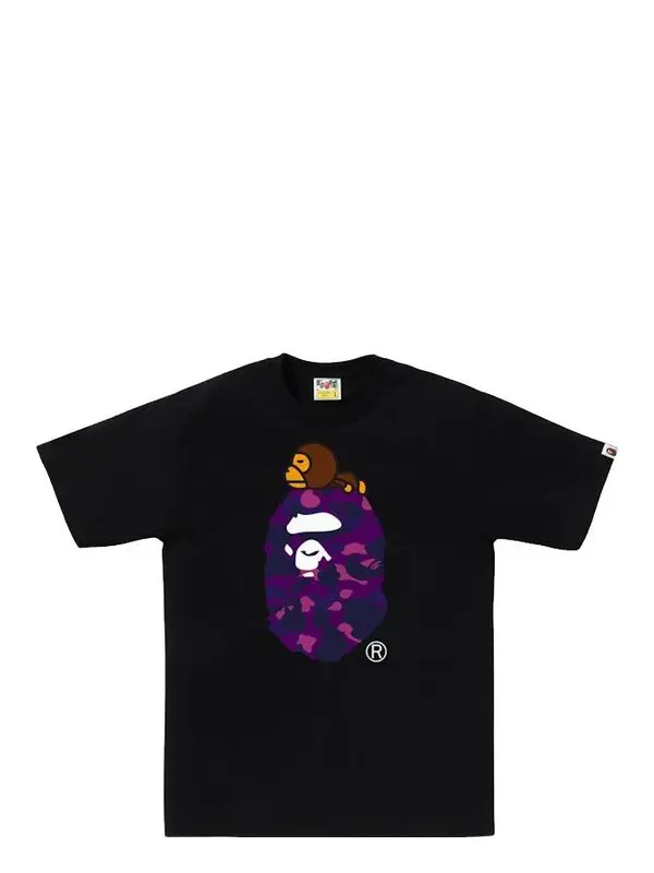 A BATHING APE Camo Milo On Big Ape Tee Shirt - Black/purple