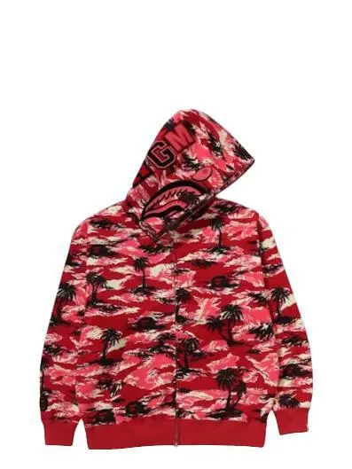 BAPE Palm Tree Camo Relaxed Fit Shark Full Zip Hoodie - Red