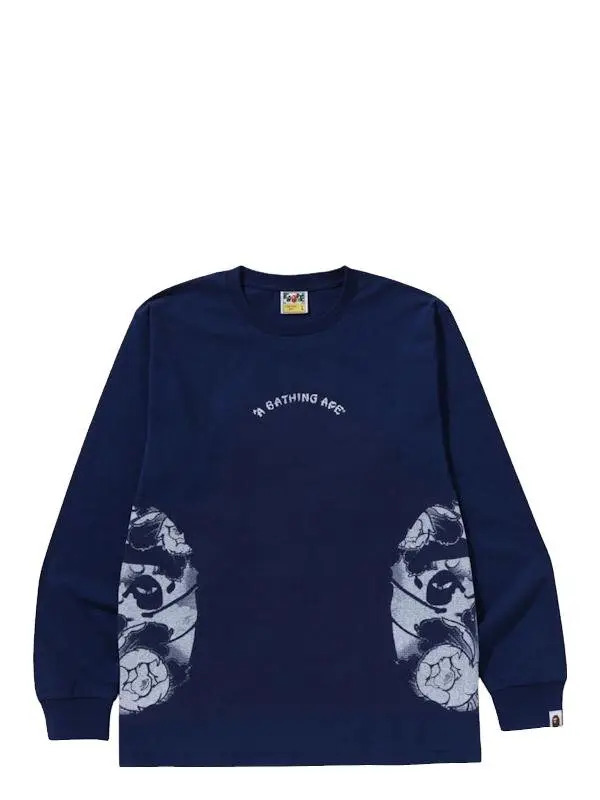 A BATHING APE Japanese Tattoo Side Big Ape Head Long Sleeve Tee Shirt - Navy Blue