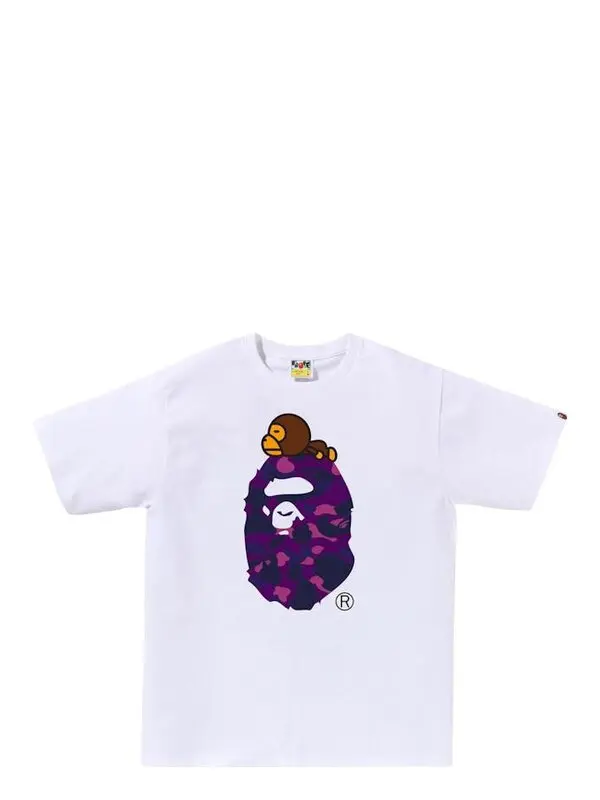 A BATHING APE Camo Milo On Big Ape Tee Shirt - White/purple