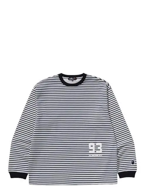 A BATHING APE Stripe Long Sleeve Print Tee Shirt - Navy Blue
