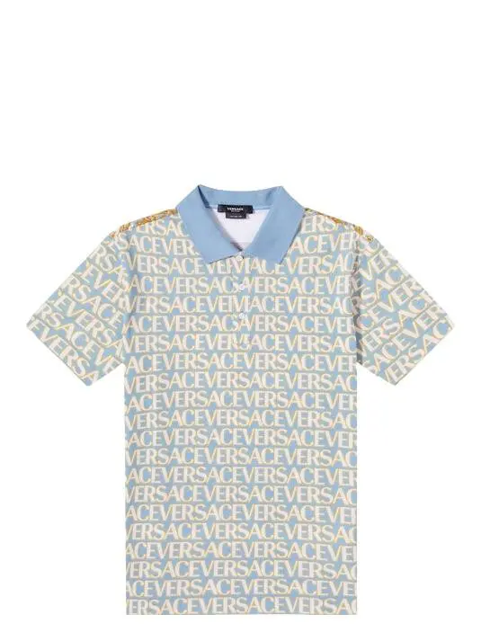 Versace All Over Logo Pique Polo Shirt - Blue