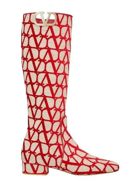 Valentino Garavani Toile Iconographe Calfskin V'logo High Knee High Boots - Beige/red