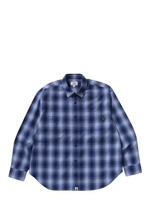 A BATHING APE Ombre Check College Relaxed Fit Shirt - Navy Blue