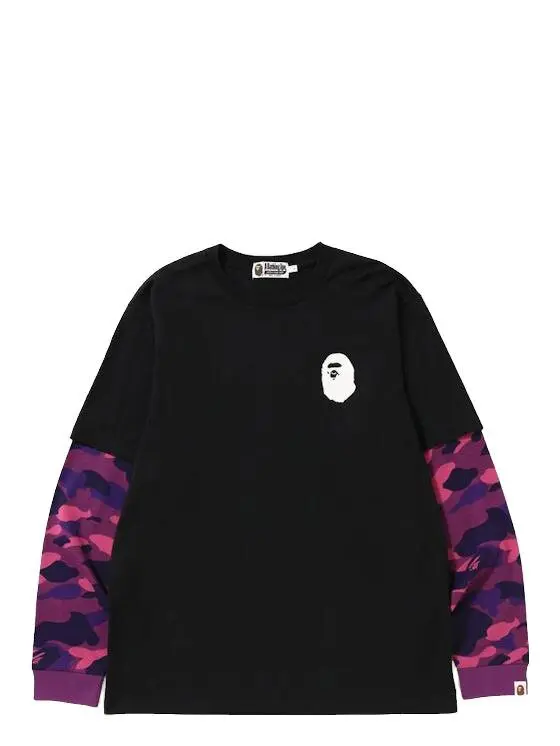 A BATHING APE Camo Ape Head Layered Long Sleeve Tee Shirt - Black/purple