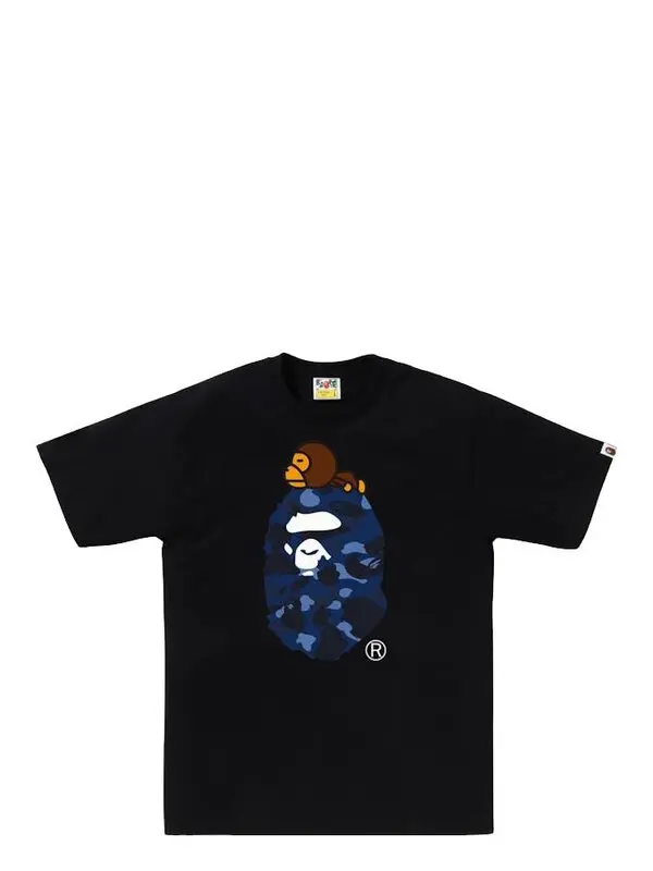 A BATHING APE Camo Milo On Big Ape Tee Shirt - Black/navy Blue