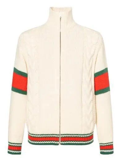 Gucci Cable Knit Bomber Jacket - Beige Red White