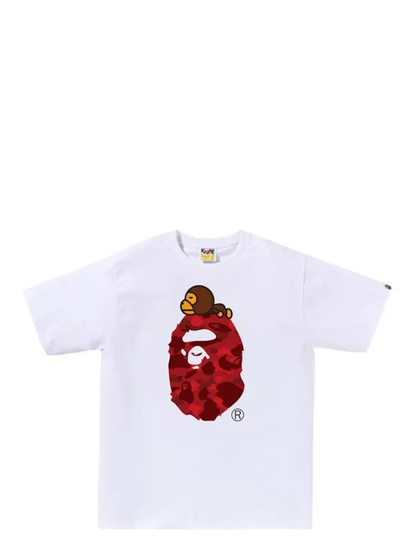 A BATHING APE Camo Milo On Big Ape Tee Shirt - White/red