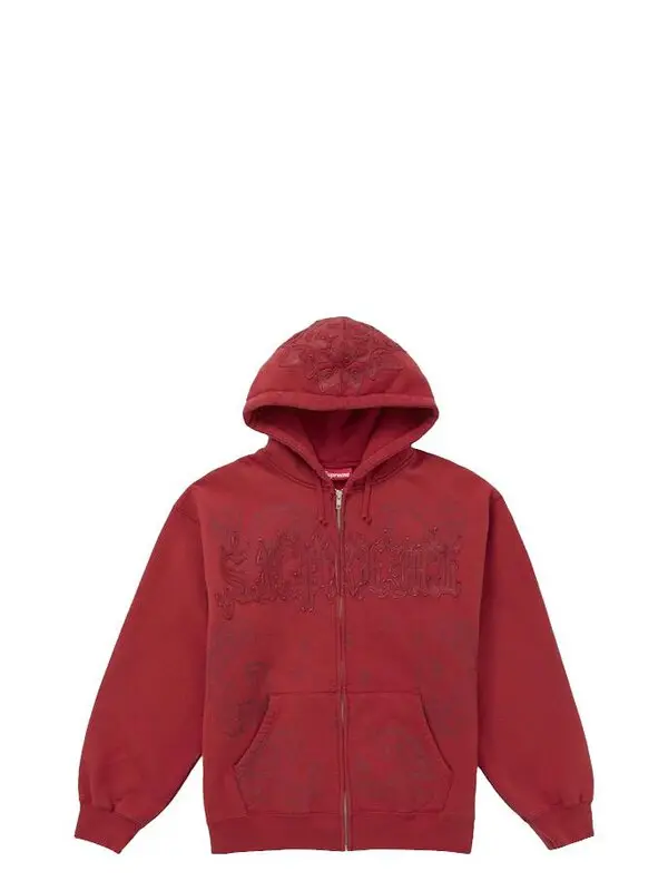 Supreme Leather Applique Zip Up Hooded Sweatshirt - Burnt Red