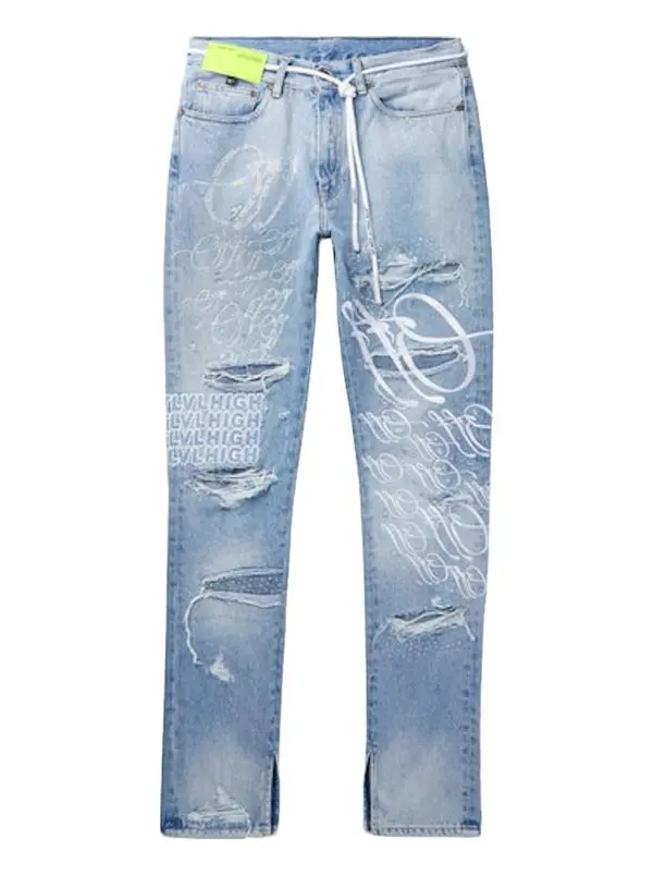 Off-White Ev Bravado Crystal Distressed Denim Jeans - Light Blue