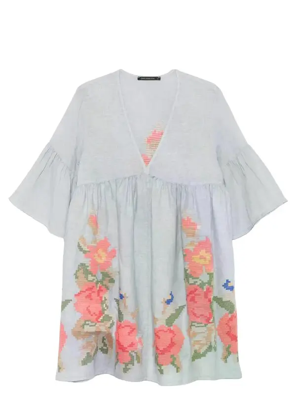 Greek Archaic Kori Rose-embroidered Mini Dress - Grey
