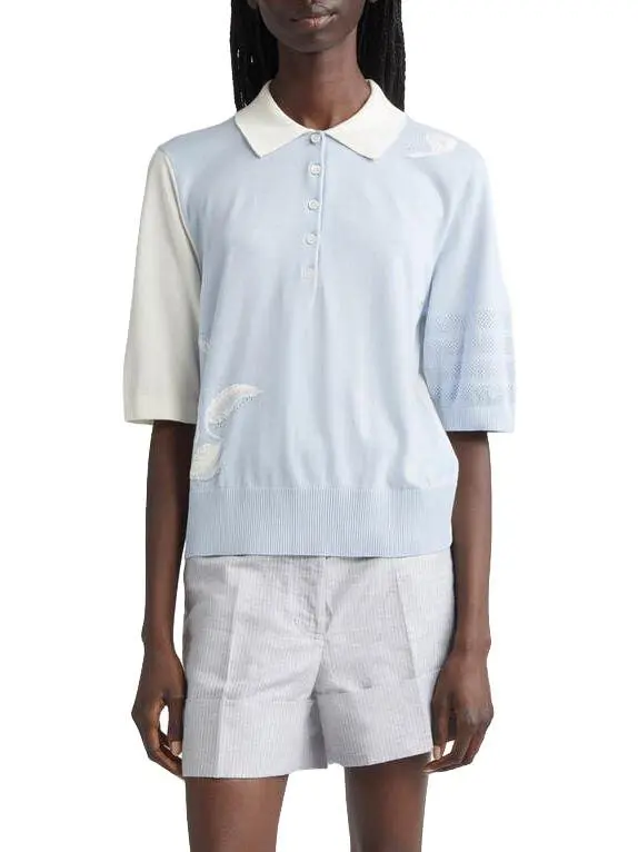 Thom Browne Feather Intarsia Cashmere Polo - Light Blue
