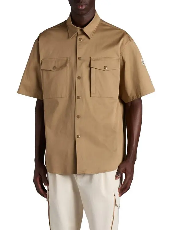 Moncler Short Sleeve Cotton Stretch Gabardine Utility Shirt - Caramel