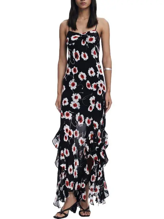 Desigual Ruffle Print Maxi Dress - Black