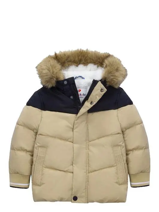 ROKKA&ROLLA Fleece Lined Puffer Coat With Removable Trim - Khaki