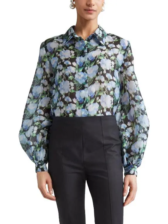 Carolina Herrera Peony Print Silk Organza Button-up Shirt - Blue Multi