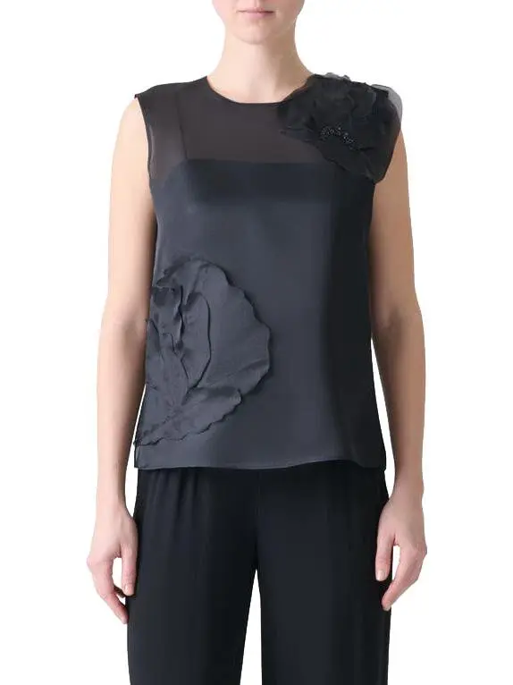 Akris 3d Poppy Appliqué Silk Organza Top - Black