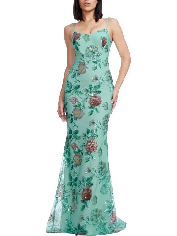 Dress The Population Giovanna Sequin Floral Mermaid Gown - Sage Multi