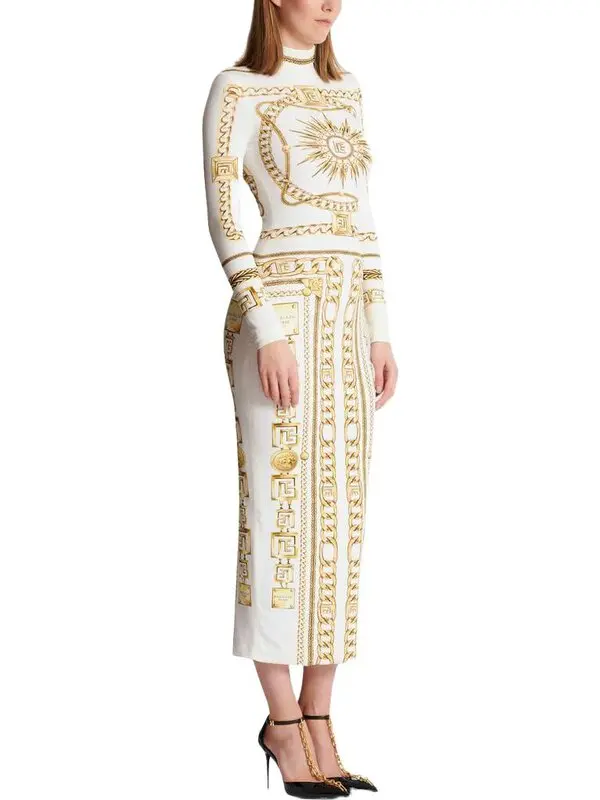 Balmain Bodycon Long Dress With Foulard Pattern - Gold
